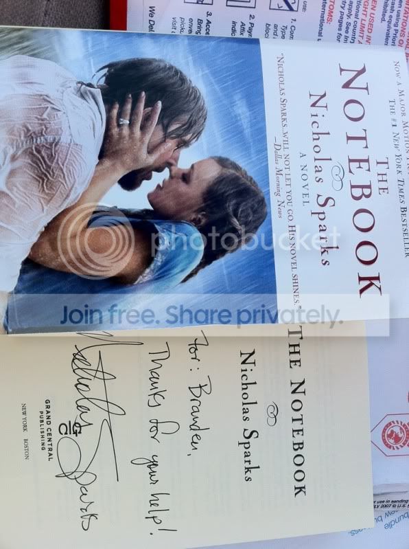Just got my personalized autographed copy of The Notebook in the mail ...